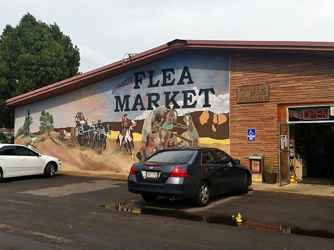 Lafayette Flea's western mural tells you you're in for something special. Cowboys guard the entrance to this treasure trove!