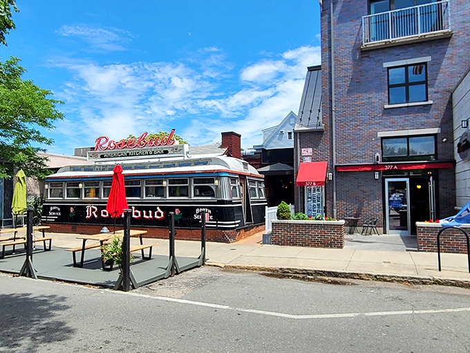 The Rosebud's vintage dining car looks like it took a wrong turn in 1950 and decided Somerville was too delicious to leave.