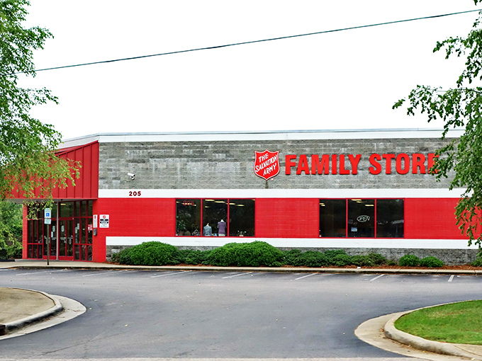 The Salvation Army's bold red exterior stands out like a beacon for savvy shoppers seeking serious savings.