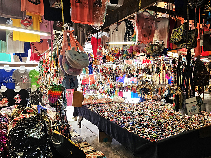 A kaleidoscope of colors erupts from this vendor's booth at US 1 Metro Flea Market, where jewelry and accessories create a treasure chest effect that's impossible to resist.