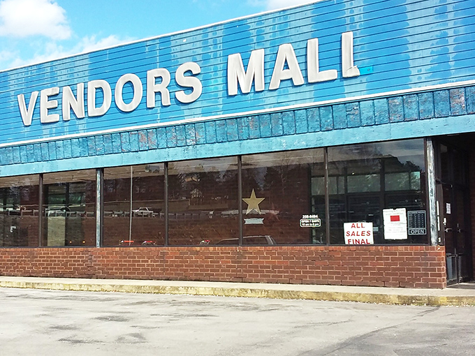 Blue sign, golden opportunities! Vendors Mall's distinctive storefront promises a day of discoveries behind those plate glass windows.