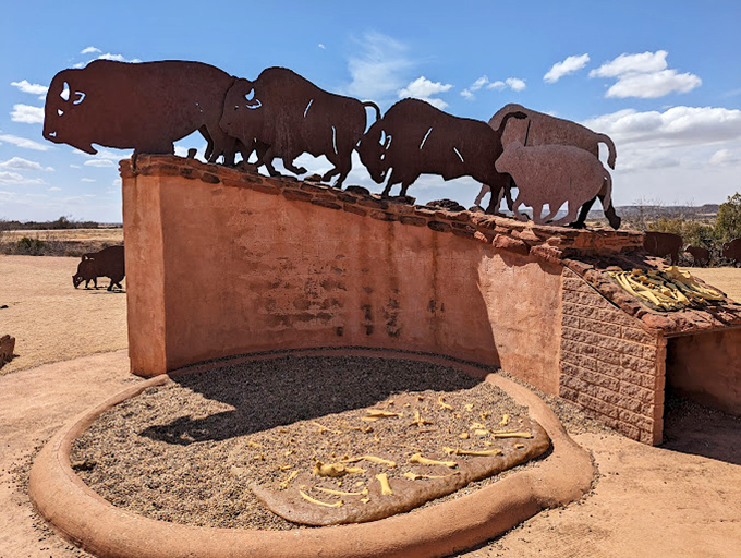 Caprock Canyons: Metal bison silhouettes stand guard over ancient hunting grounds, telling stories of Texas past in rusty relief.