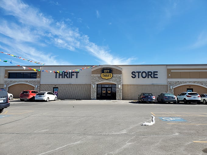 Blue skies frame this discount paradise where everyday is a new adventure. Yesterday's retail prices are just distant memories inside these welcoming doors.