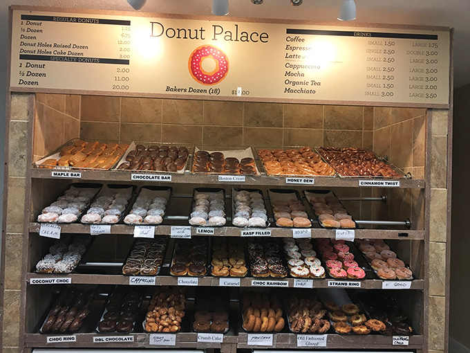 The unassuming exterior of Donut Palace hides the kingdom of fried dough delights waiting inside. 