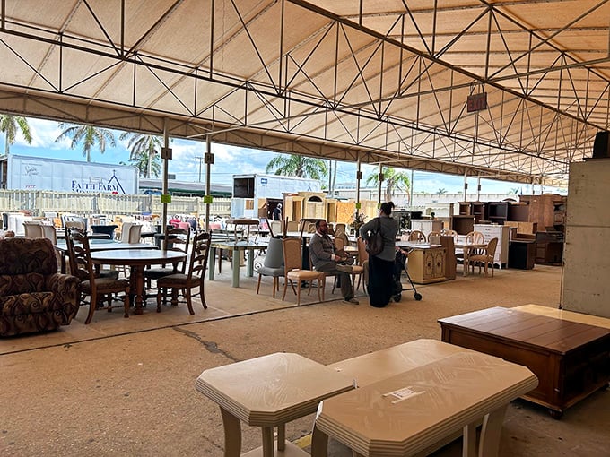 Rows of dining sets and home furnishings create a secondhand showroom of possibilities at Faith Farm.