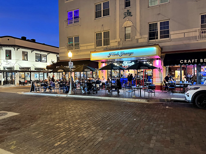 Night falls and Ford's Garage lights up like a burger-themed wonderland where calories don't count.