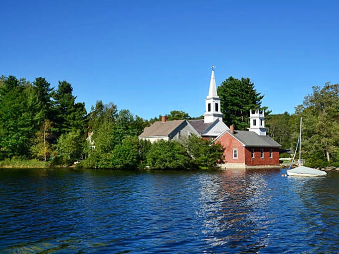 This classic New England church stands sentinel over Harrisville Pond, creating postcard-worthy reflections that never get old.