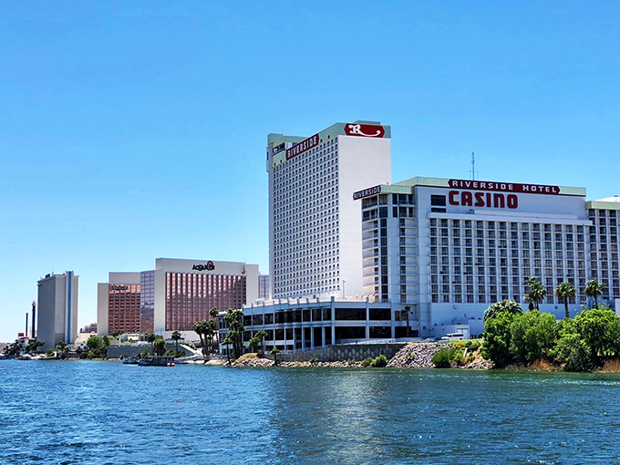 From the Colorado River, Laughlin's hotels create a skyline that's Vegas's more relaxed cousin who doesn't need all the attention.