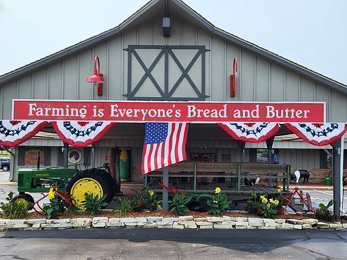 Machine Shed: The barn-like exterior sets the stage for heartland hospitality. Those patriotic buntings aren't just decoration—they're a breakfast salute!