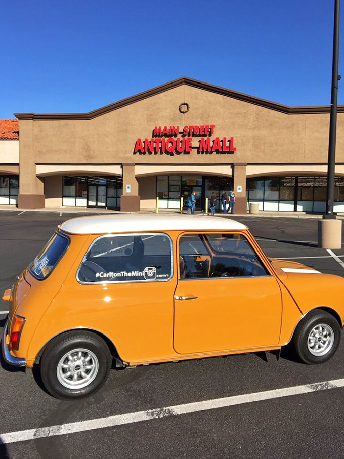 That classic Mini Cooper parked outside Main Street Antique Mall is the perfect vintage ambassador. Old meets older in the best possible way!