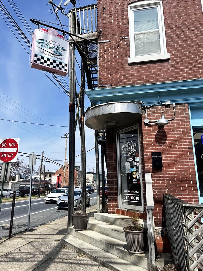 The blue trim hints at the roadtrip-worthy burgers inside&mdash;no convertible required for this flavor adventure.