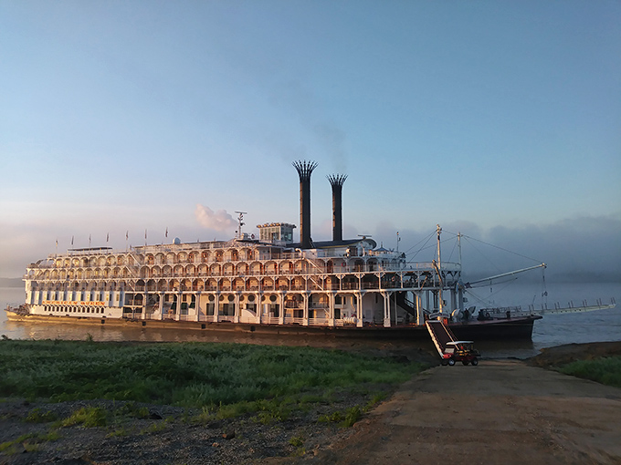 A classic Southern riverboat glides along the Mississippi near St. Francisville, channeling Mark Twain vibes and timeless charm.