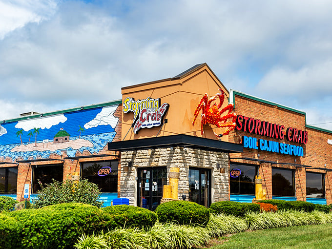 Even in winter, Storming Crab's cheerful exterior promises a warm, spicy seafood celebration waiting just inside those doors.