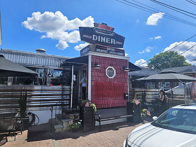 Broad Street Diner entrance: That red shingled entrance isn't just a door &ndash; it's a portal to pancake paradise where calories don't count before noon.