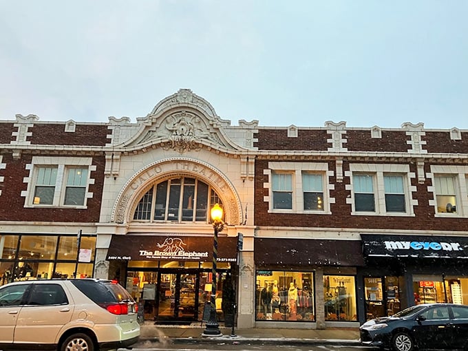 The Brown Elephant's majestic facade hints at the curated treasures waiting within this Andersonville institution.