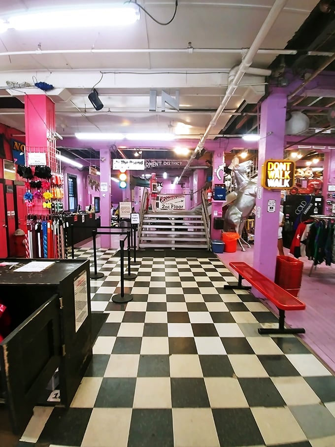Step inside to a wonderland of color where the checkered floor sets the stage for fashion adventures.