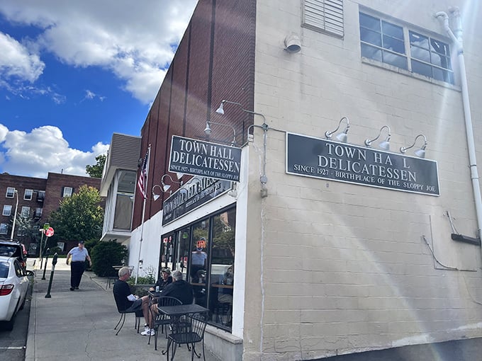 The classic brick exterior of Town Hall Deli - where sandwich history was made and continues to delight hungry visitors today.