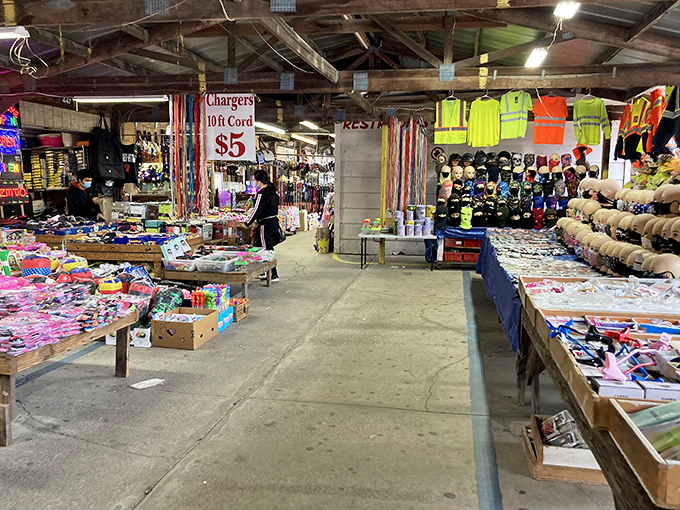 Chargers for $5? Just one of the countless deals at Hudson's, where practical necessities share space with coastal whimsy under rustic wooden beams.