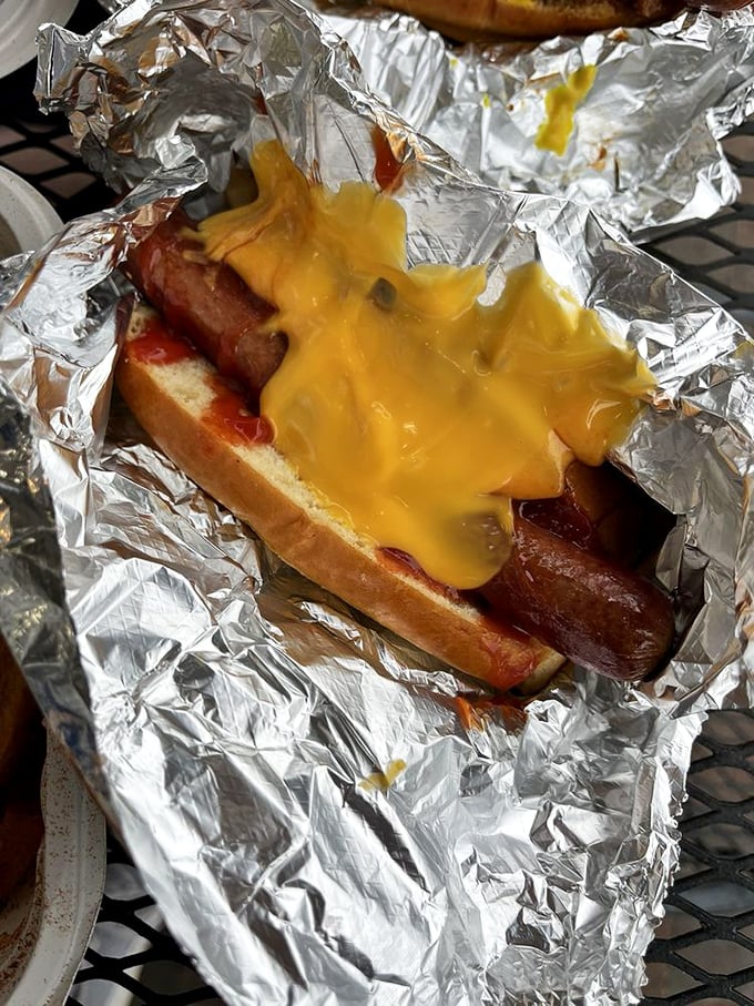 Melted cheese cascades like a golden waterfall over this hot dog, creating that magical moment when hunger meets its perfect solution.