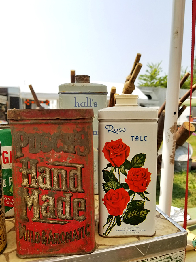 Vintage tins tell stories of bygone brands. That Rose Talc container probably scented someone's grandmother before television was even invented.