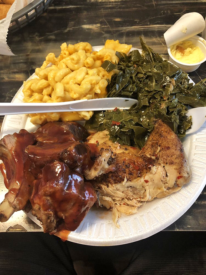 The plate that answers the eternal question: "Why choose one?" Chicken, mac and cheese, greens, and fried okra create the barbecue equivalent of a perfect harmony.