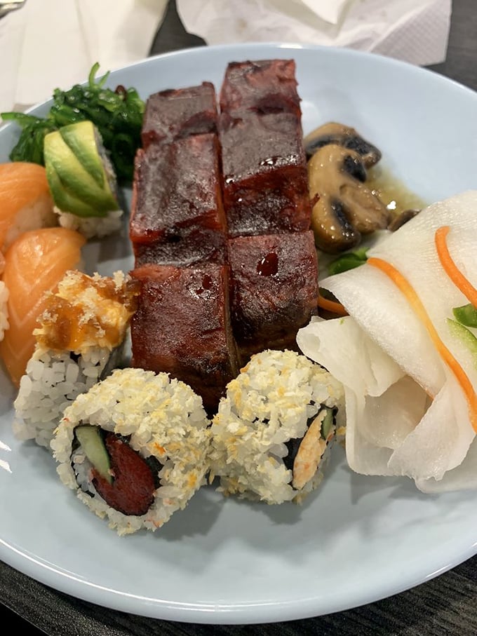 The plate that answers the eternal question: "Why choose between BBQ and sushi?" Life's too short not to have glazed ribs and fresh rolls in the same meal. 
