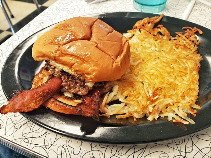 When a burger comes with hash browns this gloriously crispy, you understand why some people consider breakfast a religious experience.