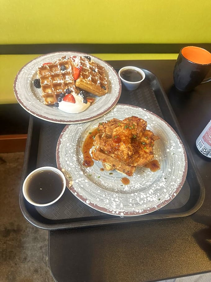 Classic waffles with fresh berries and a side of something wickedly delicious. Breakfast AF understands that balance is everything&mdash;especially before noon.