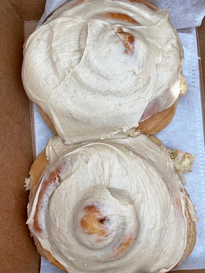 The kind of spiral that hypnotists wish they could create. Two perfectly glazed monuments to butter and patience that make you question all other breakfast choices.