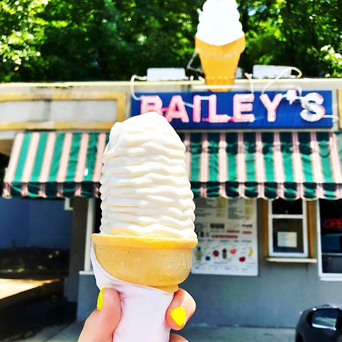 That spiral of vanilla perfection against the iconic Bailey's backdrop - a masterpiece that Leonardo da Vinci would have traded his paintbrush for.