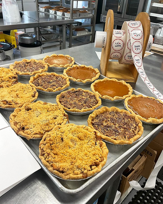 A tray of freshly baked pies awaiting their forever homes. Like adoption, but with dessert, and you eat your new family member.