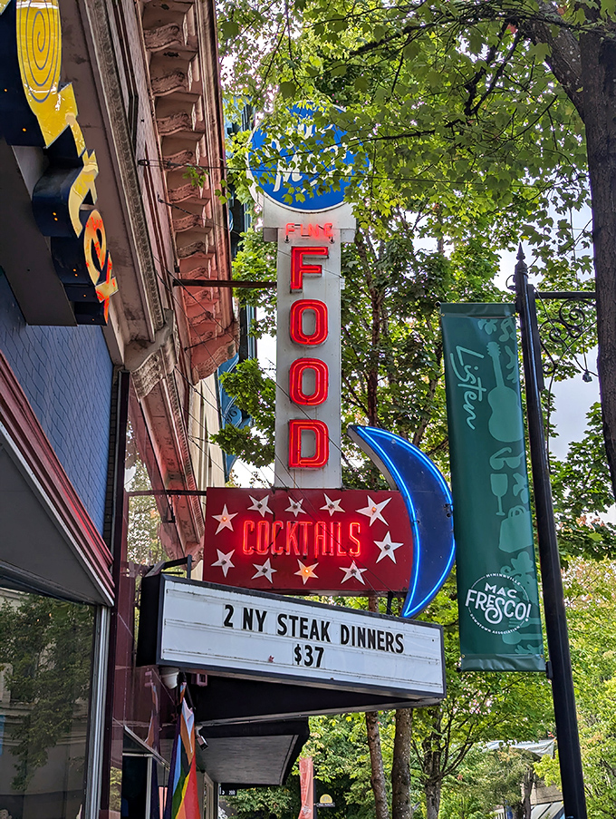 Blue Moon's vintage neon sign promises classic cocktails and comfort food. When a sign looks this good, what's inside rarely disappoints. 