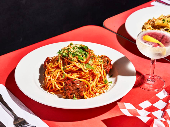 Classic spaghetti and meatballs with sauce so rich it could probably buy property in Silicon Valley.