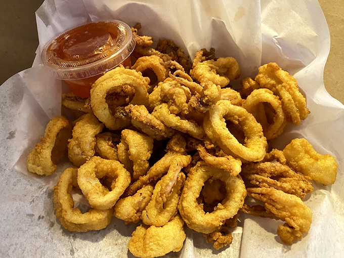 Golden-fried calamari rings waiting for their dipping sauce destiny. Crispy exterior, tender interior &ndash; the textural magic trick of seafood done right.