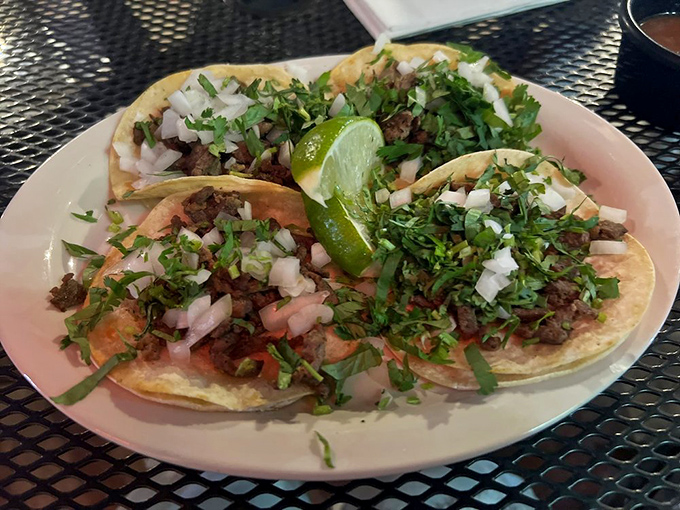 Street tacos done right: double corn tortillas, perfectly seasoned meat, generous cilantro and onion, with lime standing by for that crucial acid balance.