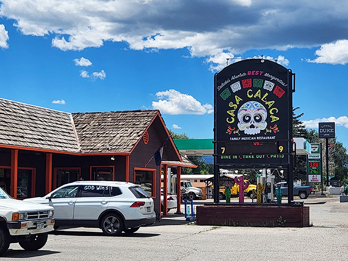 Casa Calaca's vibrant sign promises Mexican flavors with Colorado altitude. The sugar skull logo isn't just decoration&mdash;it's a promise of food with personality.