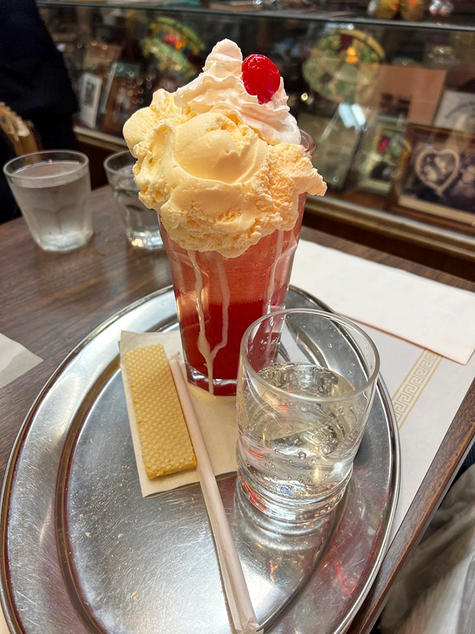 The classic cherry soda float - proving that sometimes the most old-fashioned delights still deliver the most modern happiness.