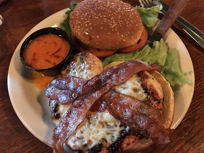 Not just about steaks &ndash; this chicken sandwich comes decked with melted cheese and crispy bacon, proving Tucker's knows its way around all proteins.