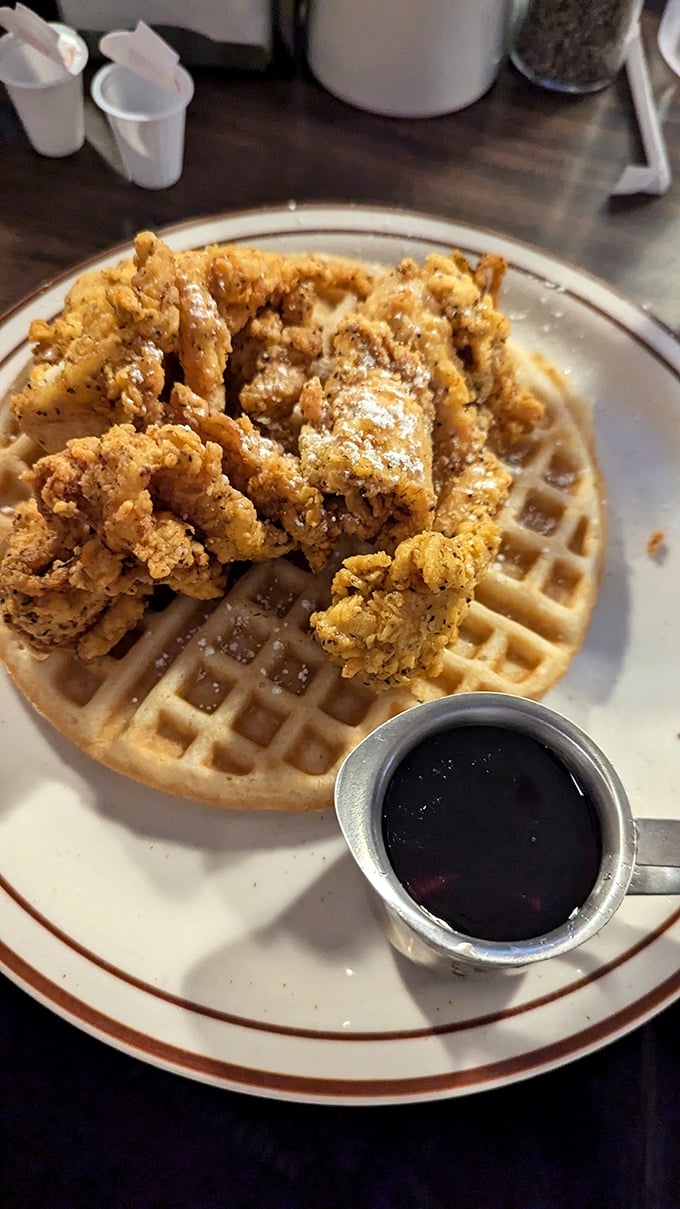 Chicken and waffles: proof that the best relationships are built on opposites attracting. Crispy meets fluffy, savory meets sweet, and everyone wins.