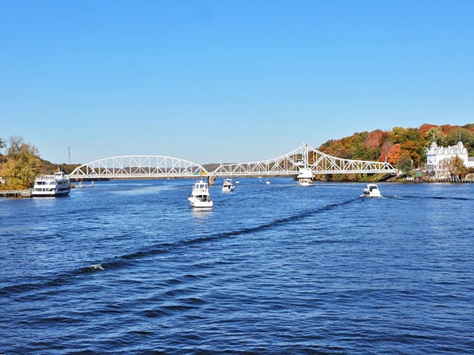 The East Haddam Swing Bridge stretches across the Connecticut River like a steel sentinel. Boats glide beneath while cars rumble above&mdash;transportation ballet at its finest.