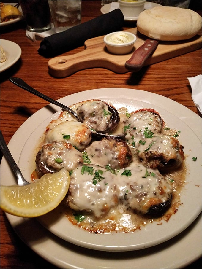 Mushrooms transformed into little edible boats of creamy crab delight. Fungi never had it so good.