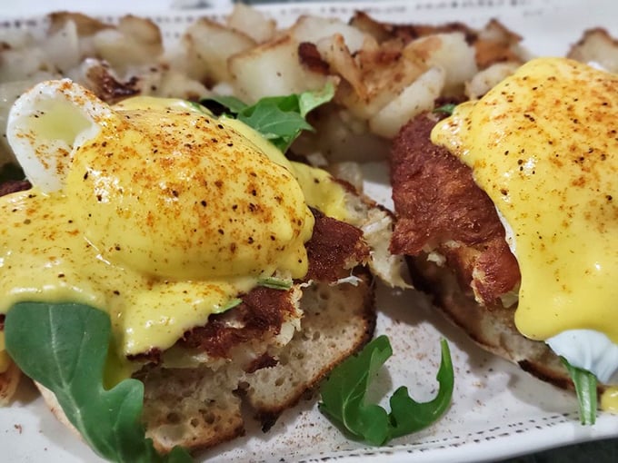 Eggs Benedict gets the Maryland treatment with crab cakes standing in for Canadian bacon. Hollandaise sauce cascades like a golden waterfall.