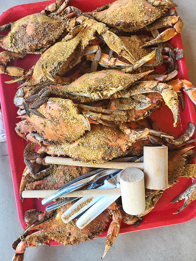 Old Bay-dusted treasures await beneath those shells. Grab your mallet and prepare for a gloriously messy adventure in flavor.