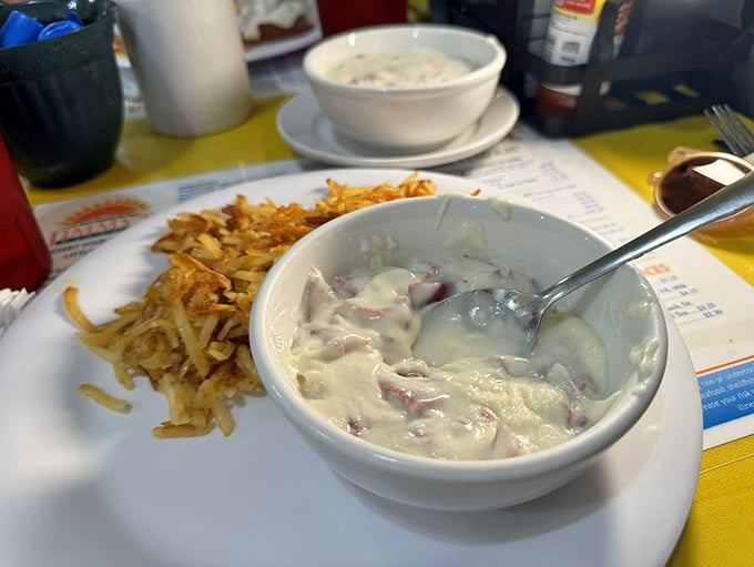 The legendary creamed chipped beef&mdash;a dish the military made infamous but Jimmy's made delicious&mdash;served with golden hash browns that demand equal attention.
