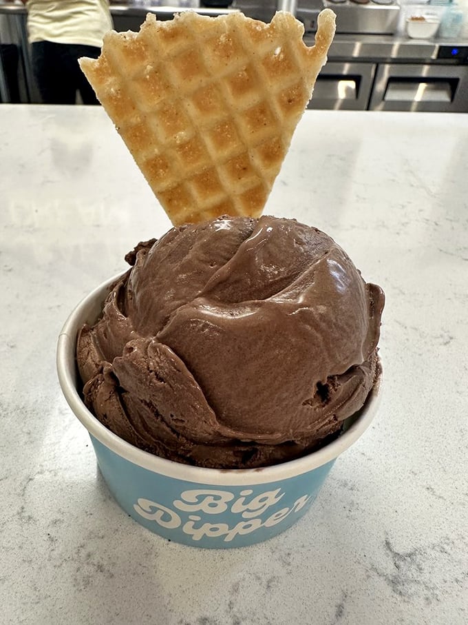 Chocolate so dark and rich it could finance your retirement. That waffle cone sail announces "this dessert means business."