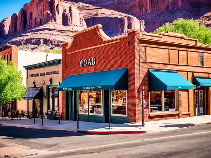 That classic red brick against red rock backdrop—Moab's architectural signature where desert meets small-town Americana.