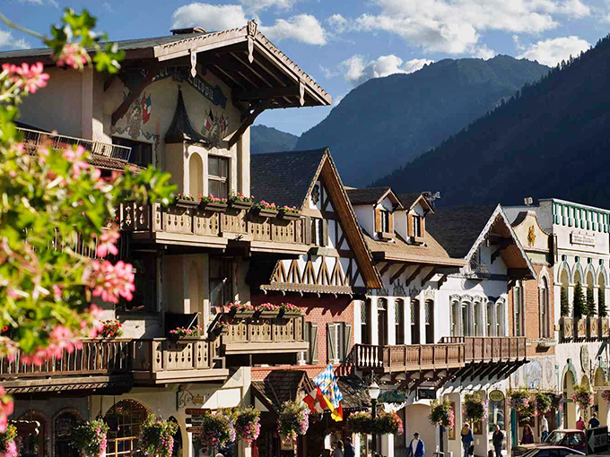 Flower boxes and balconies adorn these Bavarian-style buildings, proving that sometimes the most authentic European experience is found 4,800 miles from Europe.