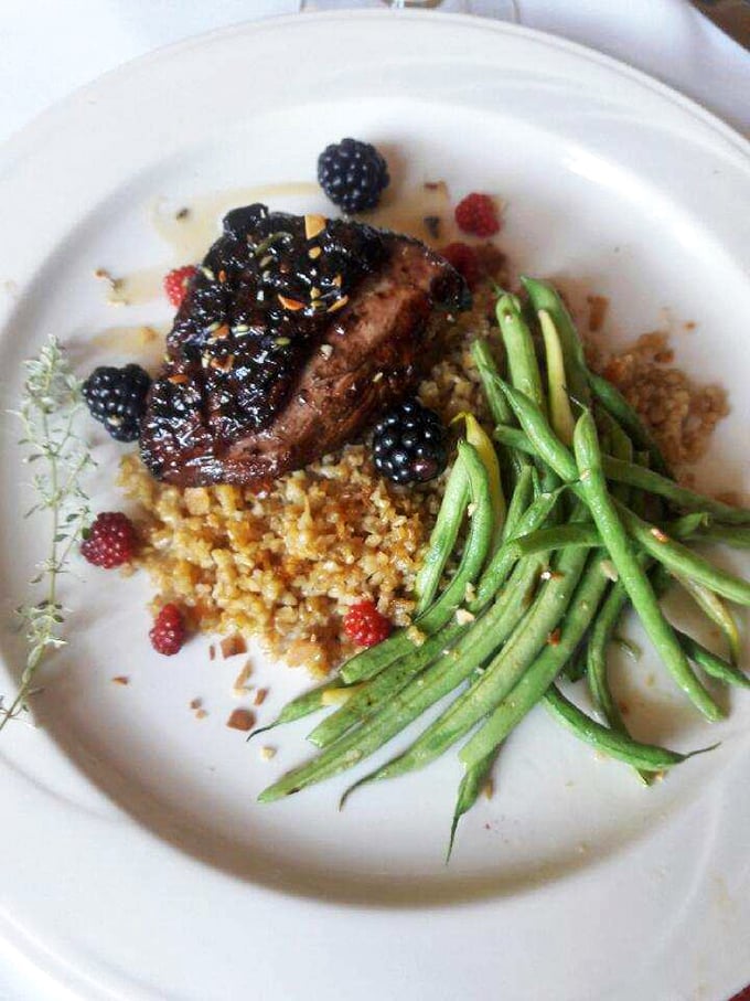 Berry meets beef in this unexpected romance. The blackberry sauce adds a sweet-tart counterpoint to the savory meat, while green beans stand by approvingly.