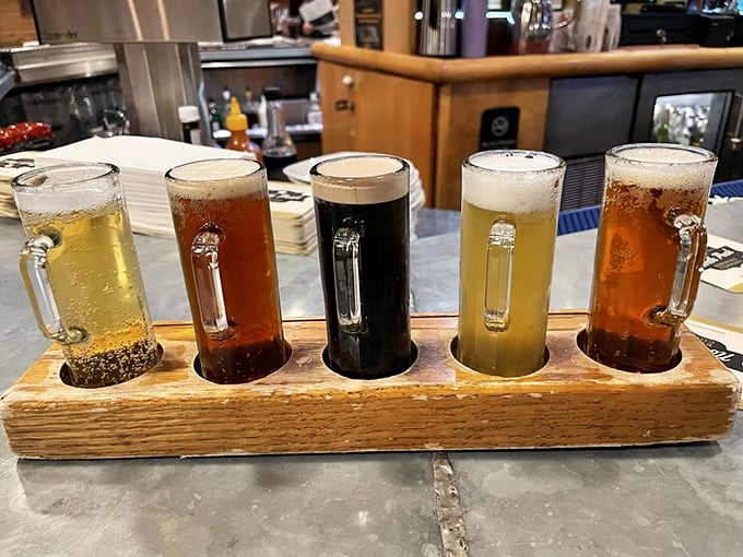 Beer flights at North Peak &ndash; like a wooden runway for liquid happiness. Each glass tells a different story about Michigan's brewing prowess.