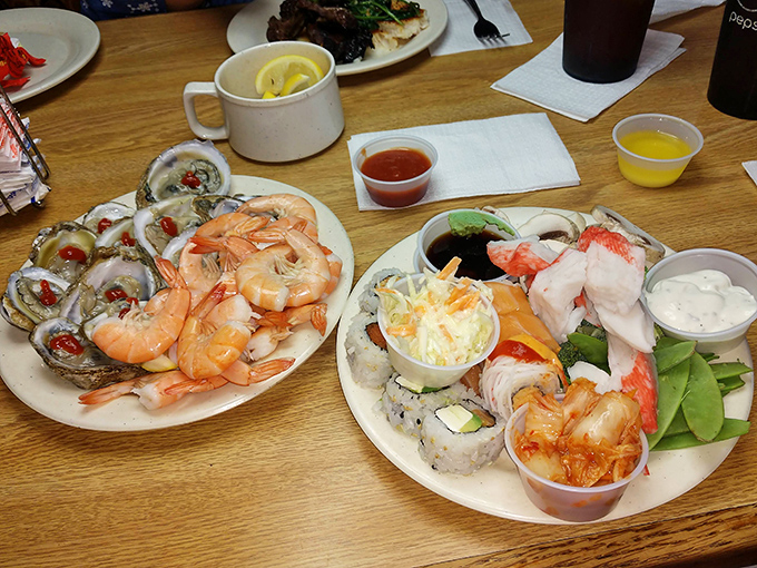 A seafood lover's dream plate &ndash; where oysters, shrimp, and sushi live in perfect harmony. This isn't a meal; it's an underwater reunion.